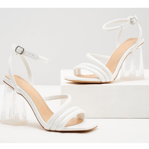 Shoes | White Strappy Heels With Clear Block Heels | Poshmark
